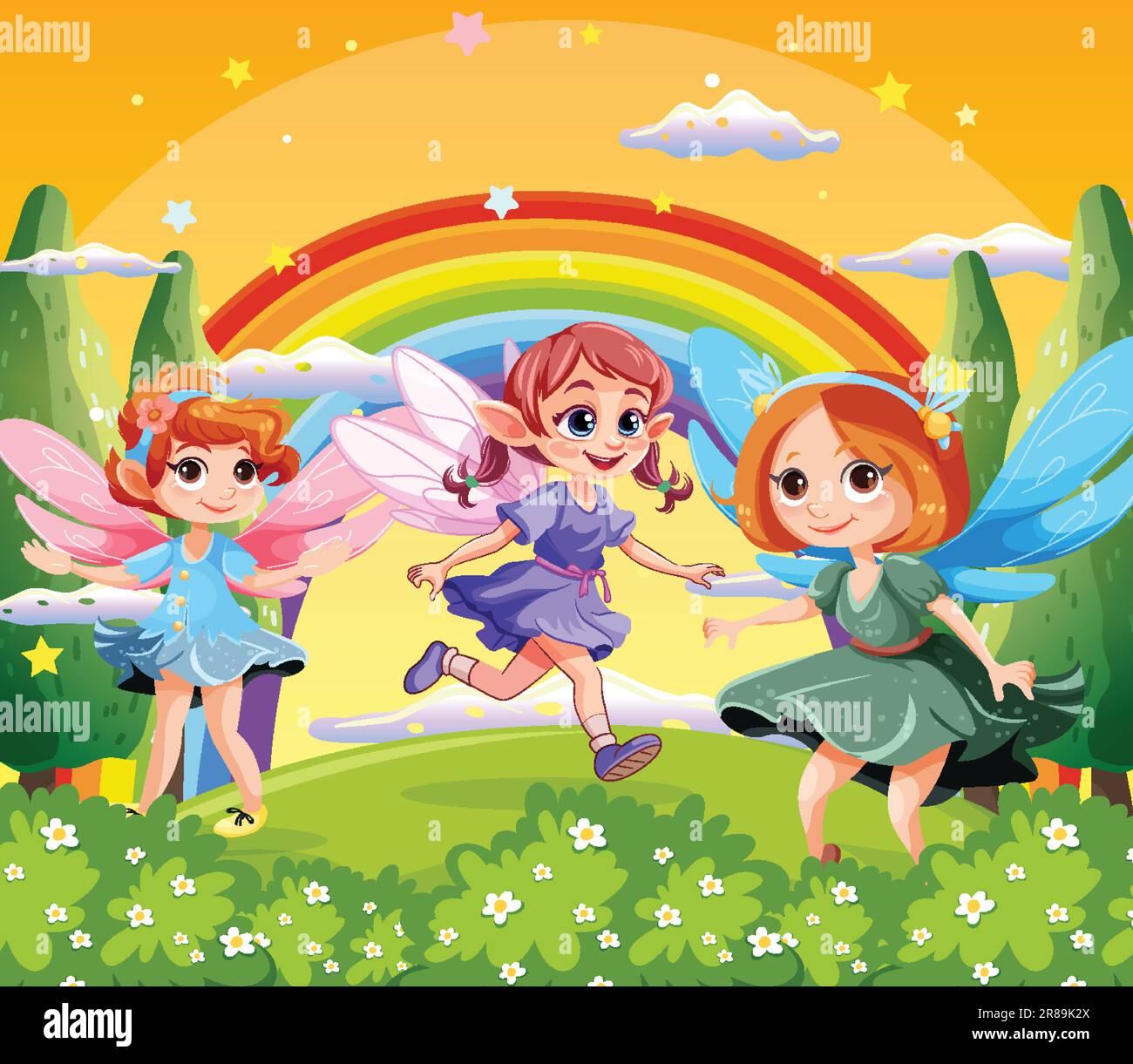 Fairy princess cartoon at magic land background illustration Stock ...