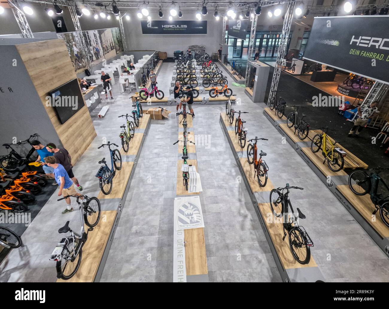 20 June 2023, Hesse, Frankfurt/Main: Bicycles are prepared for the show ...