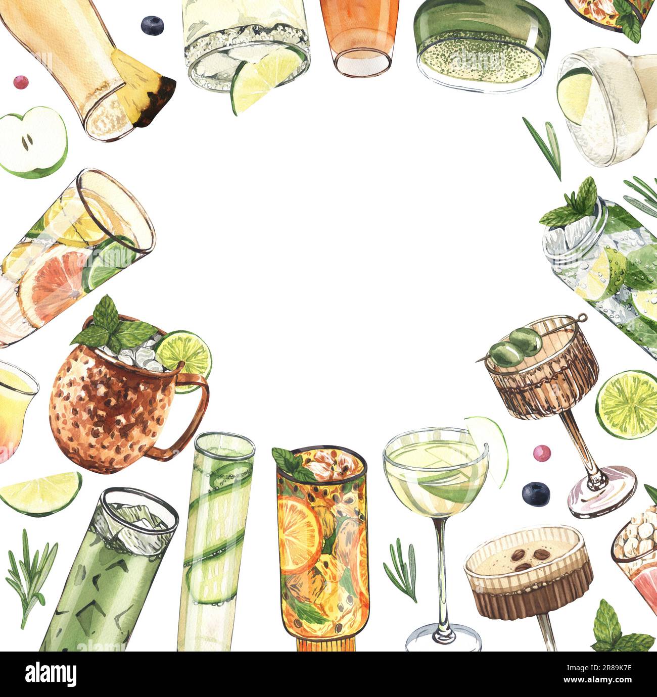 Watercolor frame, cocktail glasses: martini, gin,margarita,mojito ...