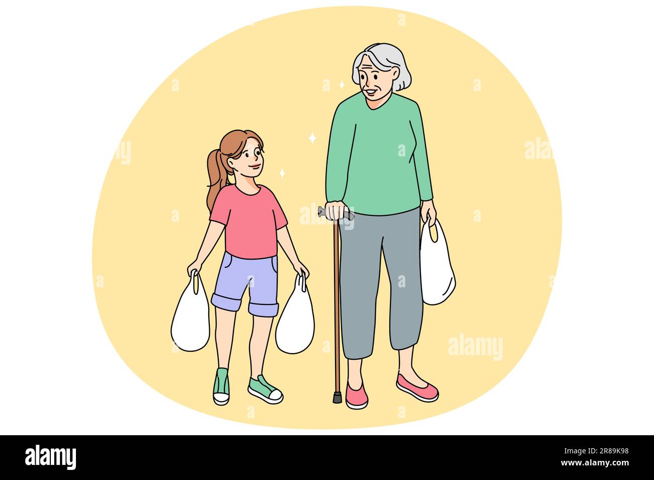 Teen girl carry bags helping elderly woman with grocery shopping. Kind ...