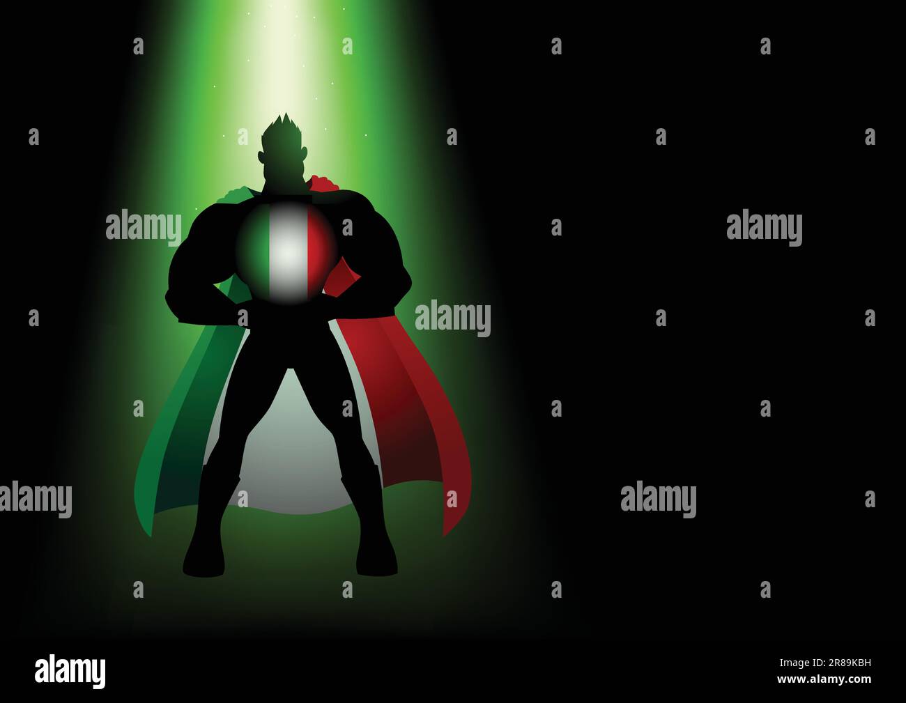 Silhouette of a superhero under green light with Italy insignia Stock ...