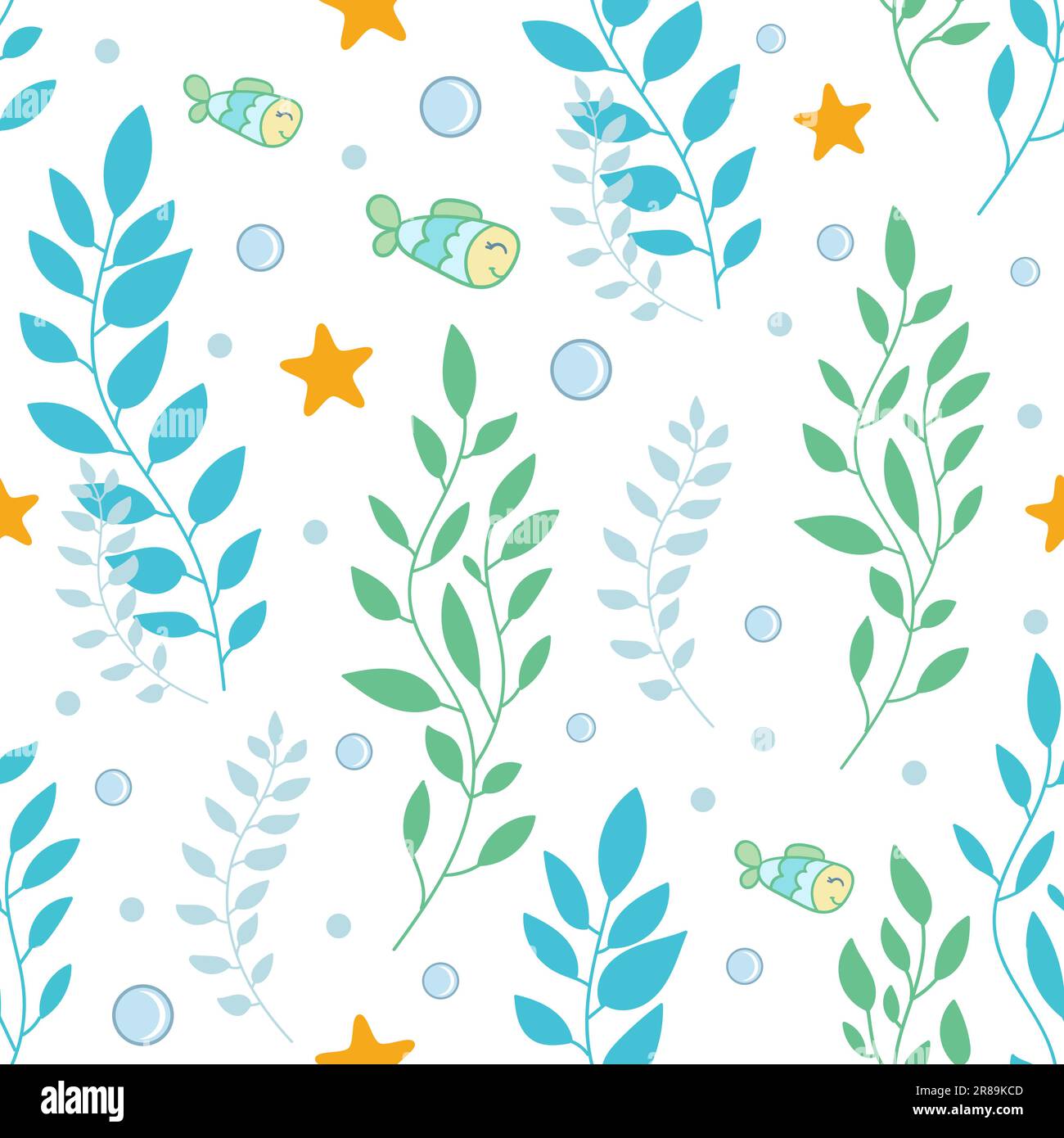 Seamless pattern with sea plants, fish, starfish, bubbles. Summer and sea theme. For fabric ...