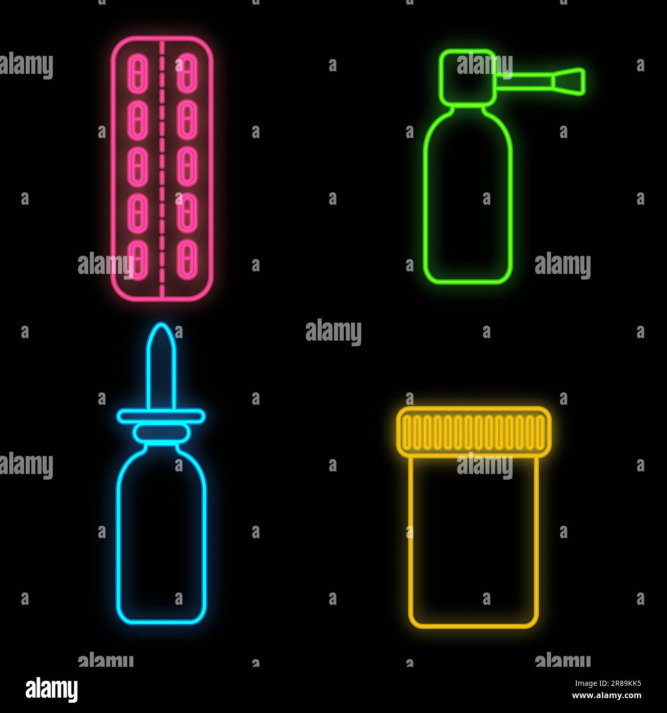 Set of bright luminous multi-colored medical neon signs for a pharmacy ...