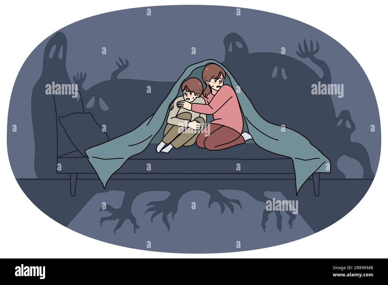 Scared small children sit on bed under blanket terrified by imaginary ...