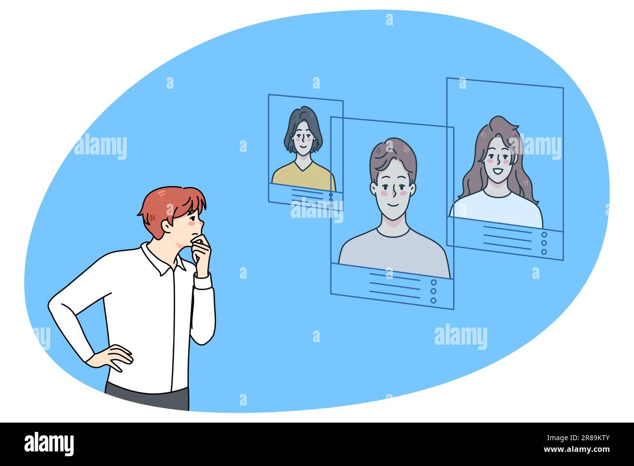 Confused businessman look at applicant CV think of employee candidature ...