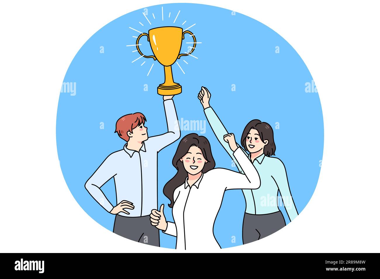 Overjoyed work team hold golden price celebrate shared win. Smiling ...