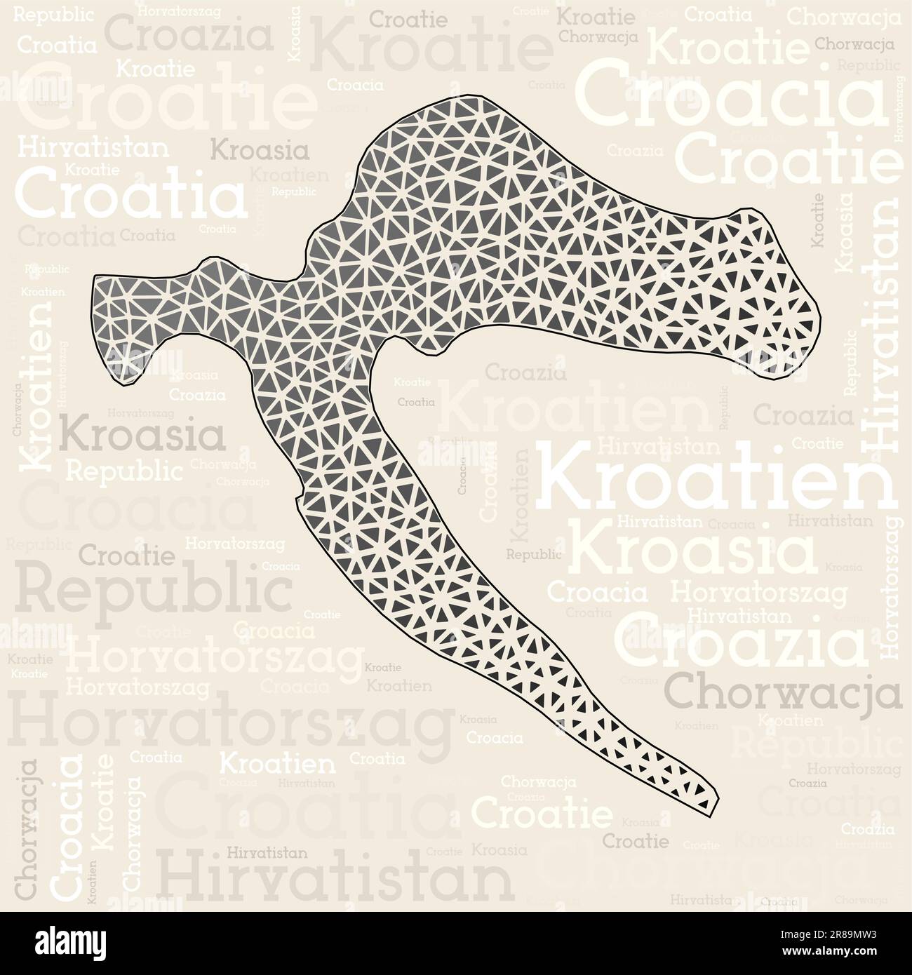 Croatia map design. Country names in different languages and map shape ...