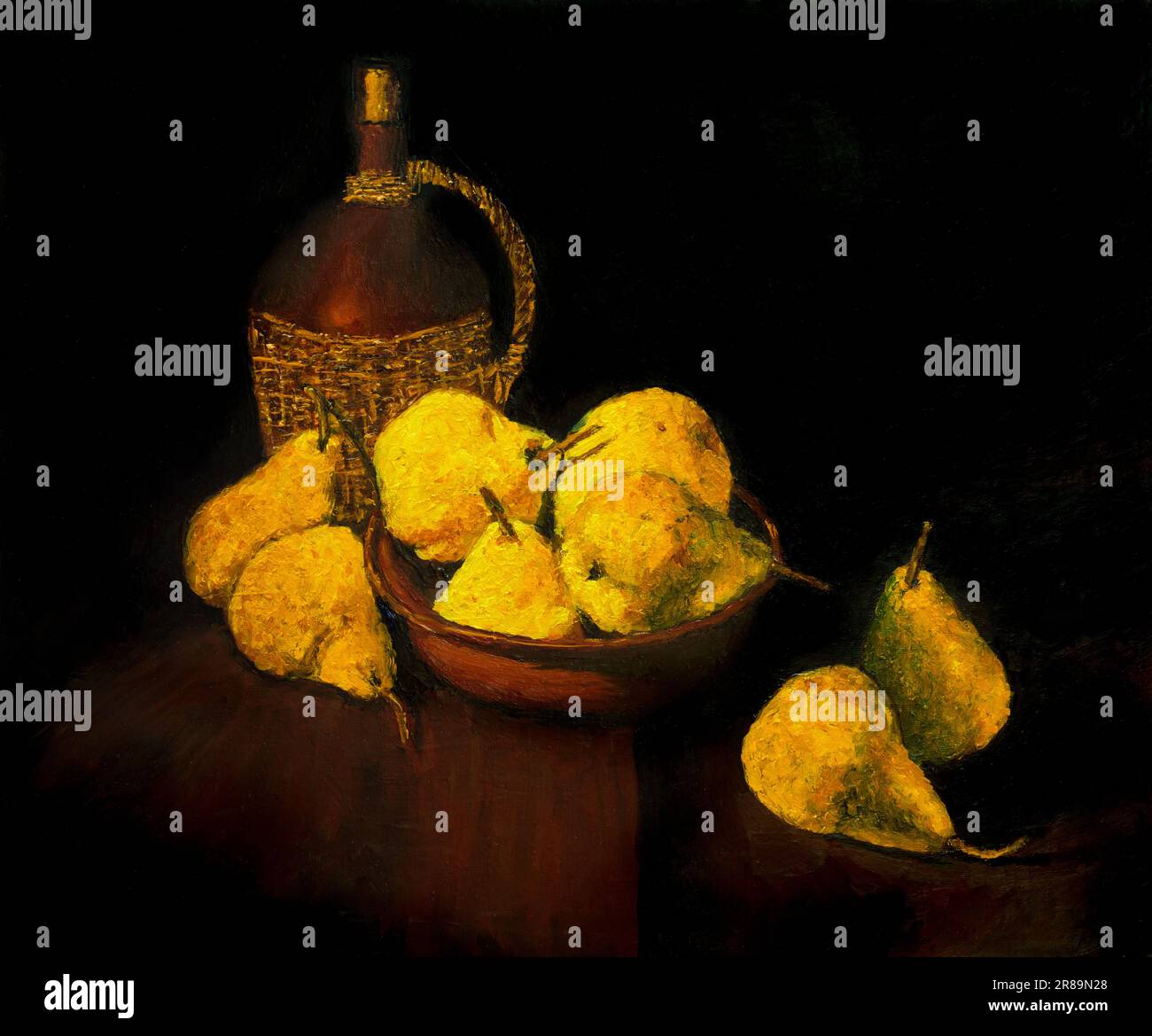 still life with pears in a clay plate on a black background, original ...
