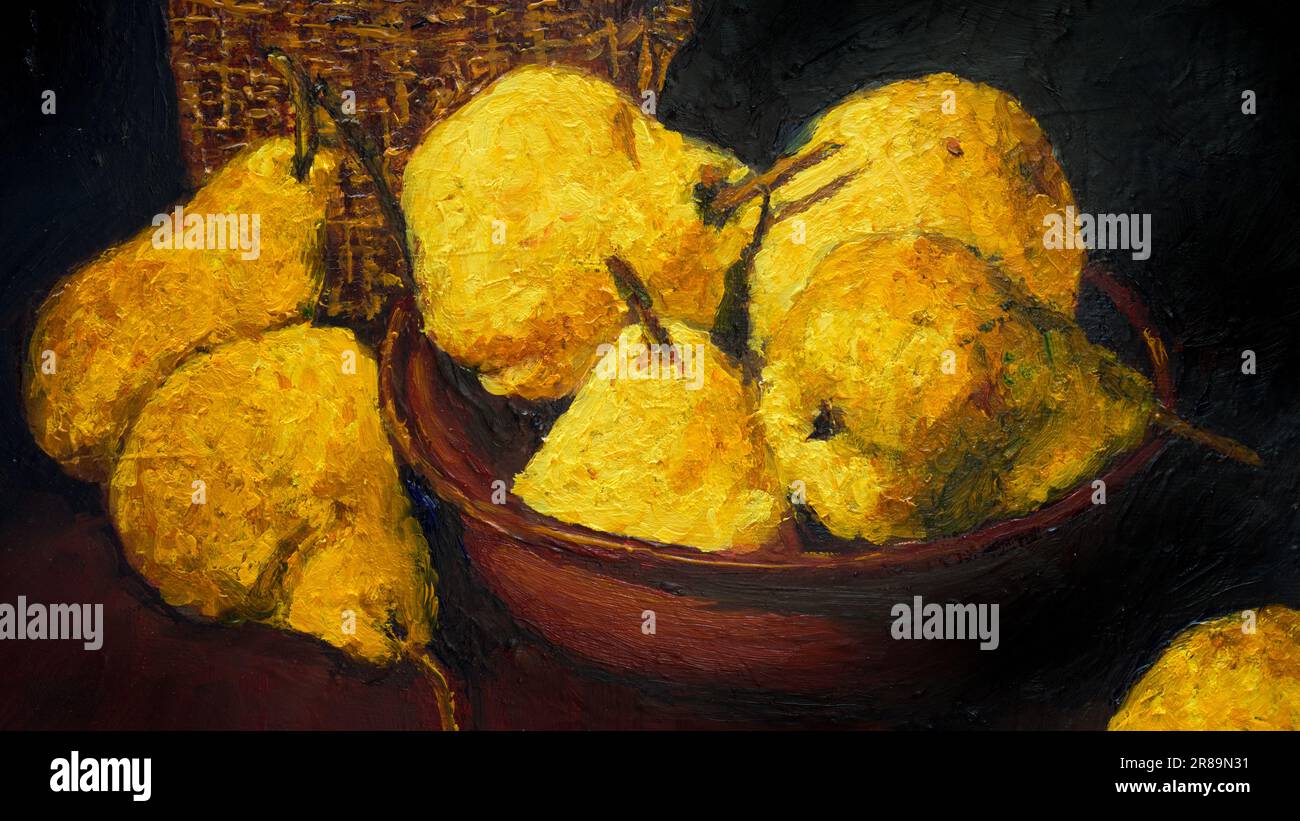 still life with pears in a clay plate on a black background, original ...