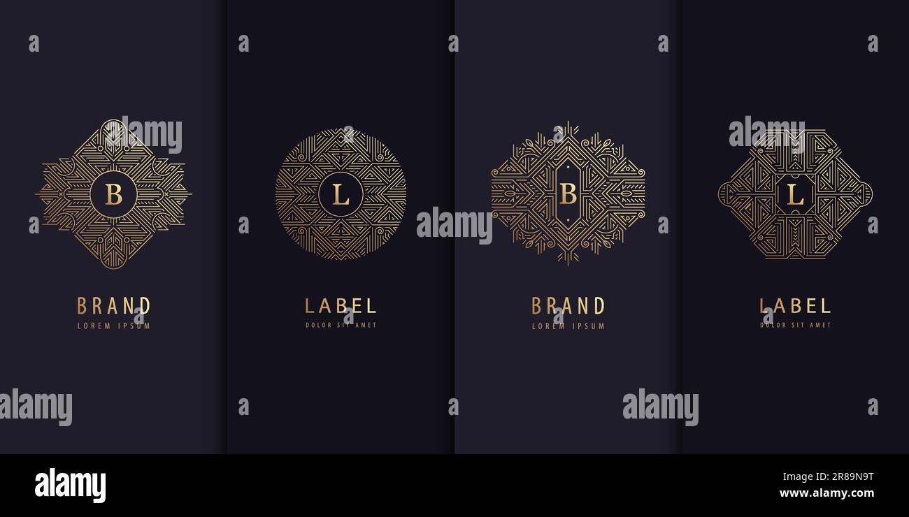 Vector set of golden label design patterns. Circle art deco logos ...