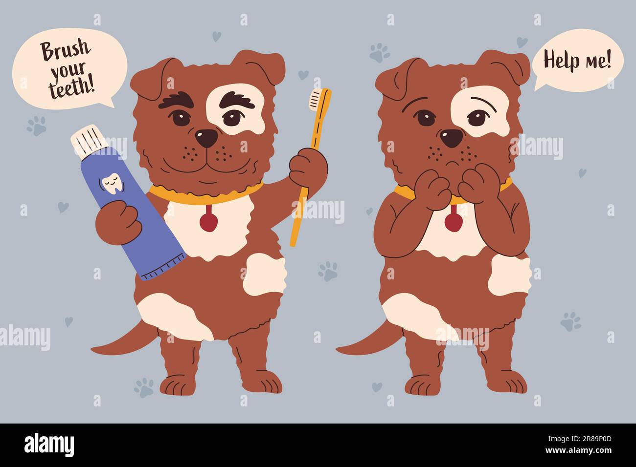 Sad dog holding a tooth with his paw and a happy dog with healthy teeth ...