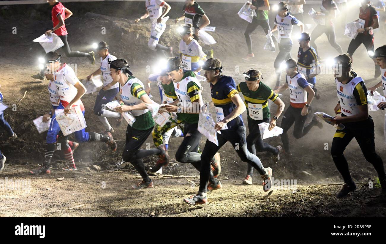 Porvoo, Finland. 17th June, 2023. Headlamps illuminate while athletes ...