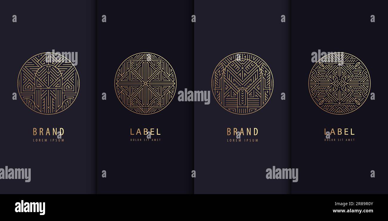 Vector set of golden label design patterns. Circle art deco logos ...