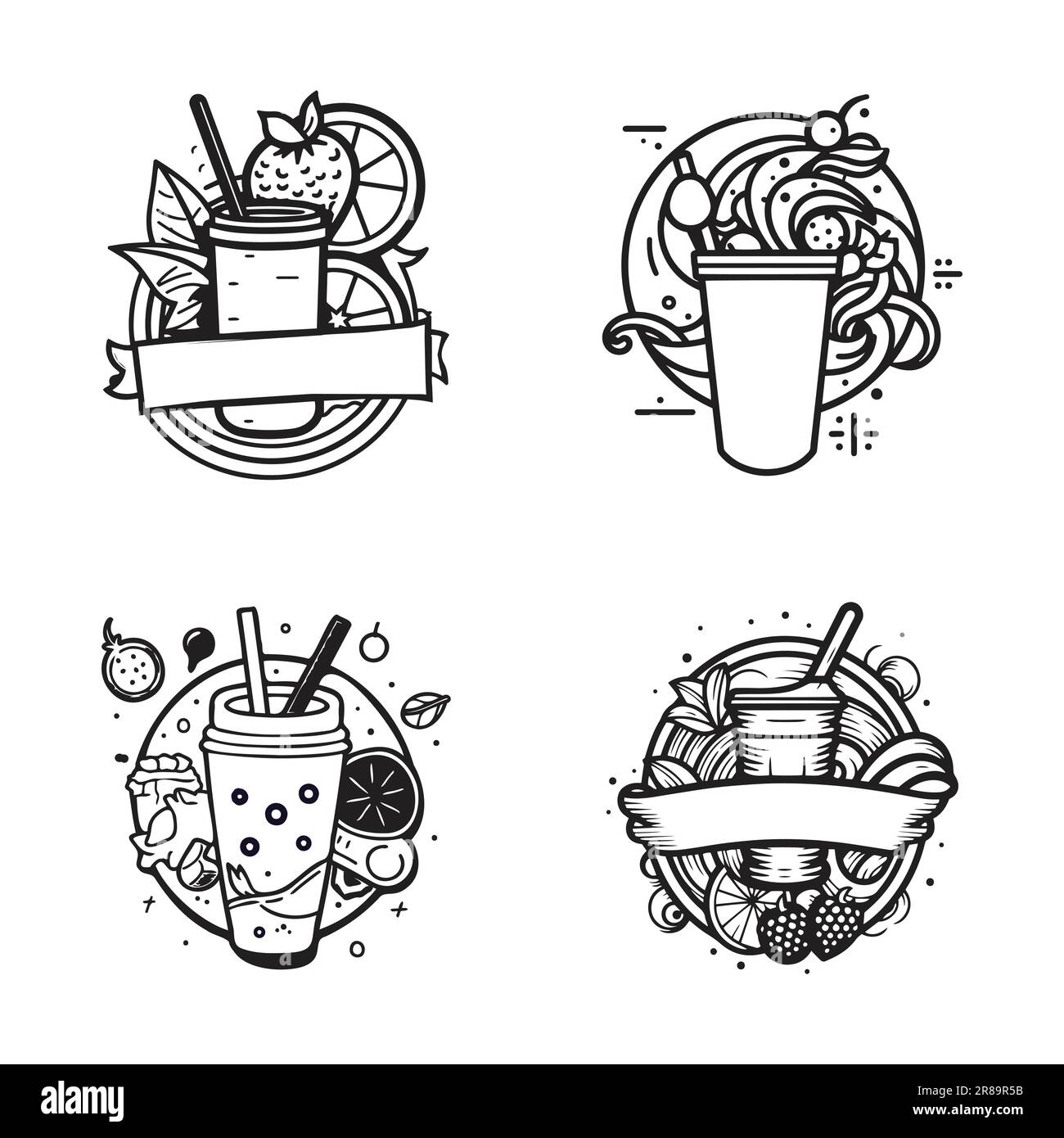 Hand Drawn vintage fruit and juice logo in flat line art style isolated ...