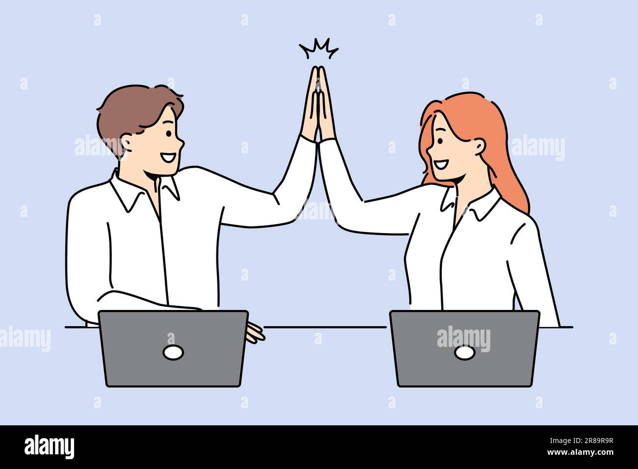 Smiling businesspeople give high five working together in office. Happy employees celebrate ...