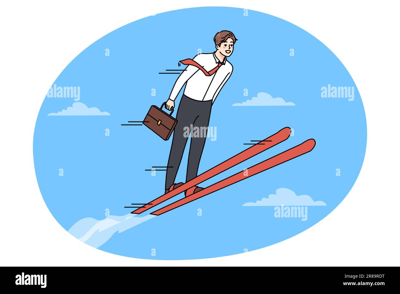 Businessman on ski jump high achieve work success or goals. Smiling man ...