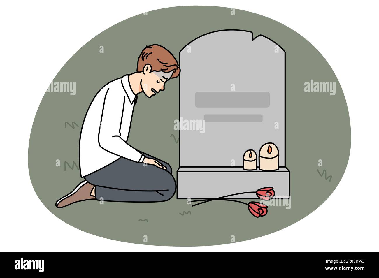 Sad man sitting near grave at cemetery mourning after passed wife or ...