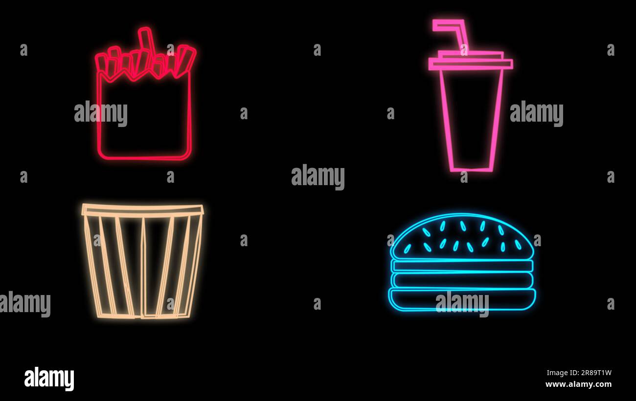 Neon street food icon set. Vector fastfood sign collection. Simple ...