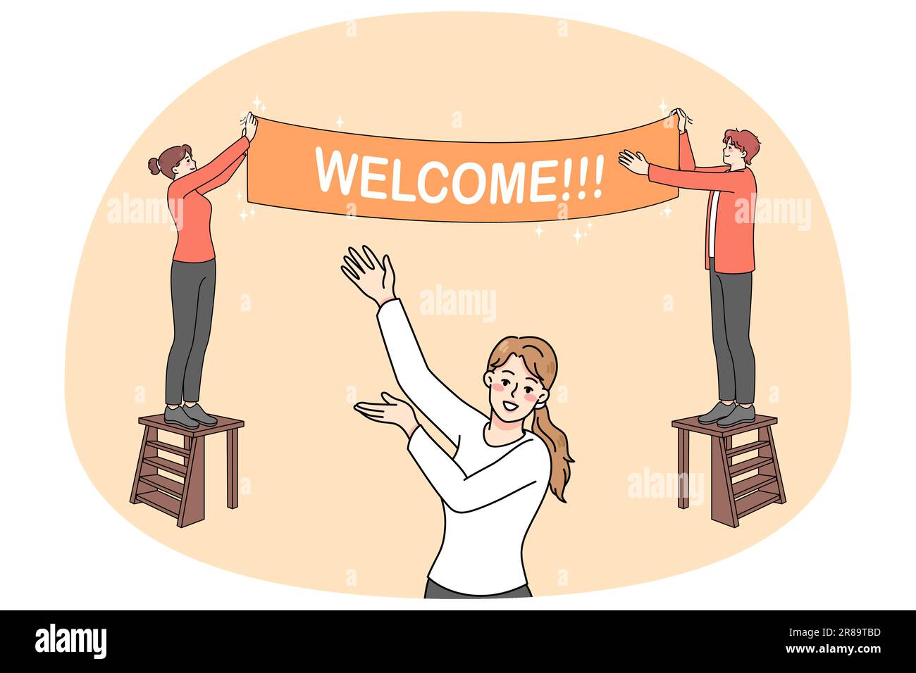 Happy people hanging Welcome banner inviting visitors to party or ...
