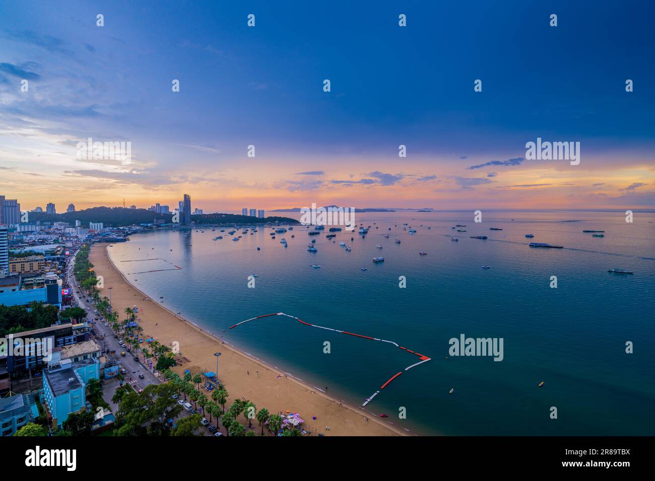 Pattaya Beach Road at Sunset, wide angle, looking South West towards ...