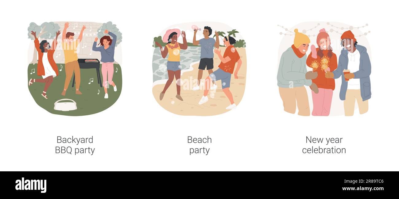 Outdoor party isolated cartoon vector illustration set. Birthday party ...