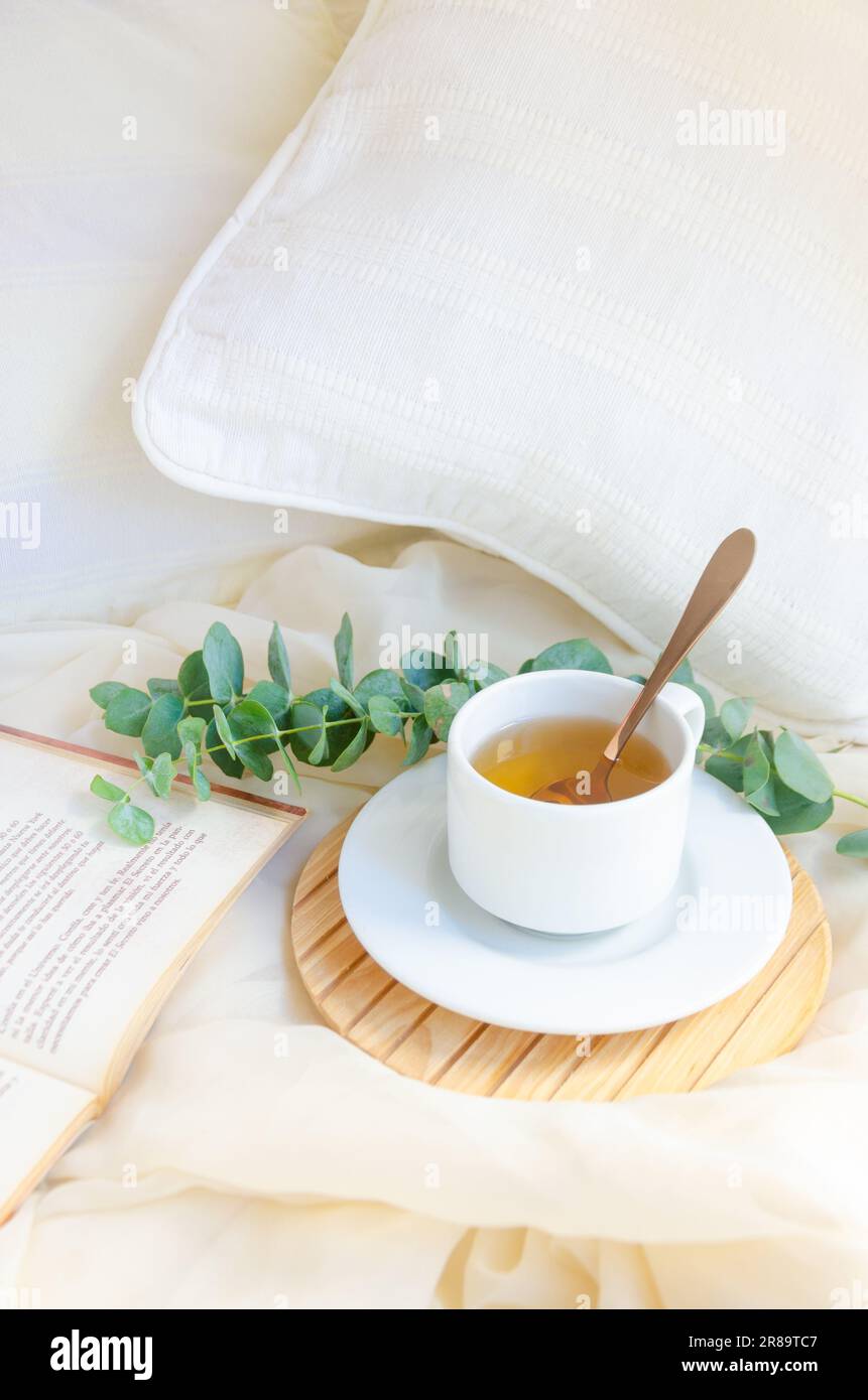 Tea cup next to book and leaves. Relax moment Stock Photo - Alamy