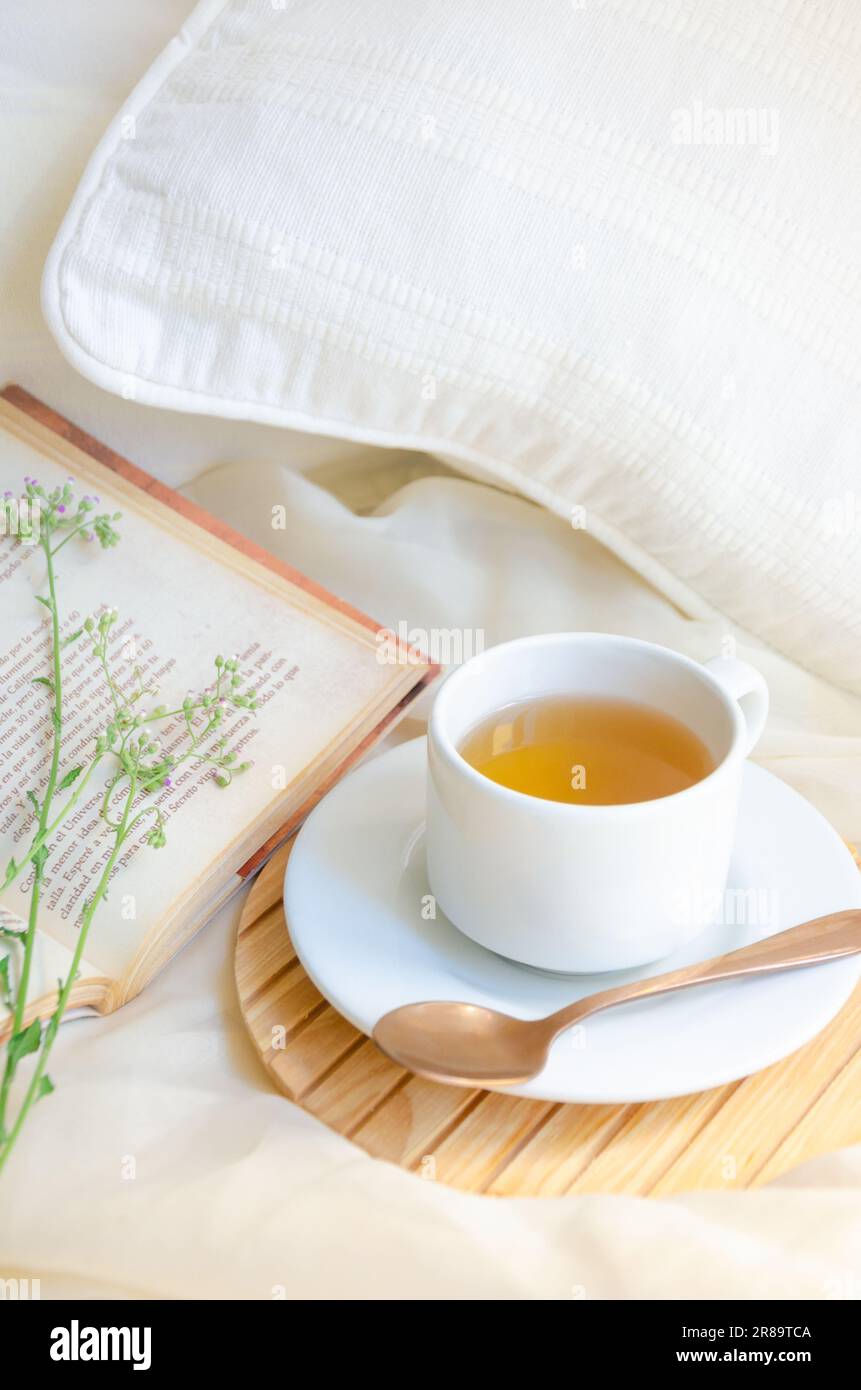 Tea cup next to book and leaves. Relax moment Stock Photo - Alamy