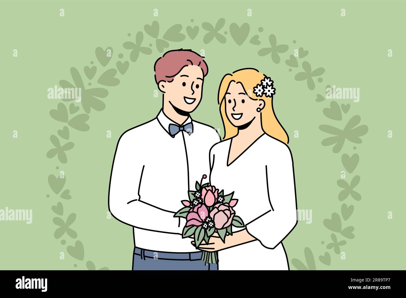 Smiling bride and groom standing near wedding floral arch during ...