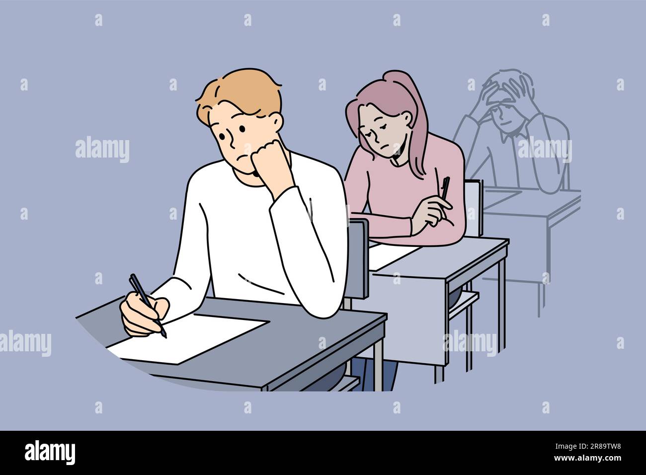 Distressed students sit at desk writing on paper. Unhappy people ...