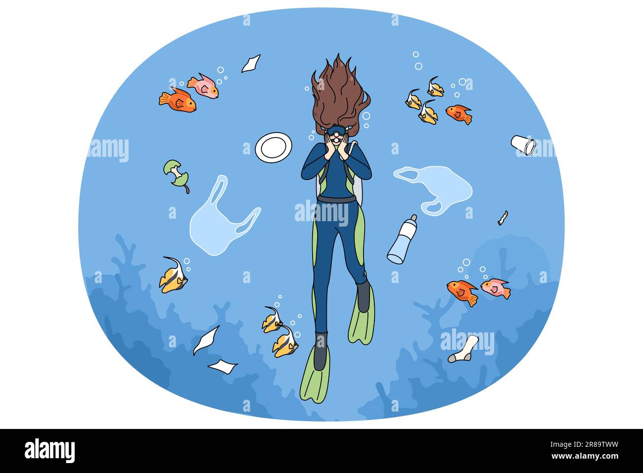 Scuba diver floating in contaminated with plastic garbage sea. Female ...