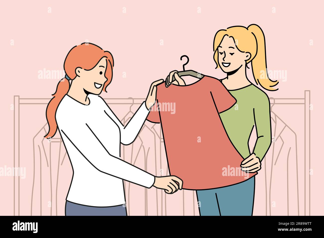 Smiling consultant help client with clothes choose in store. Woman buy ...