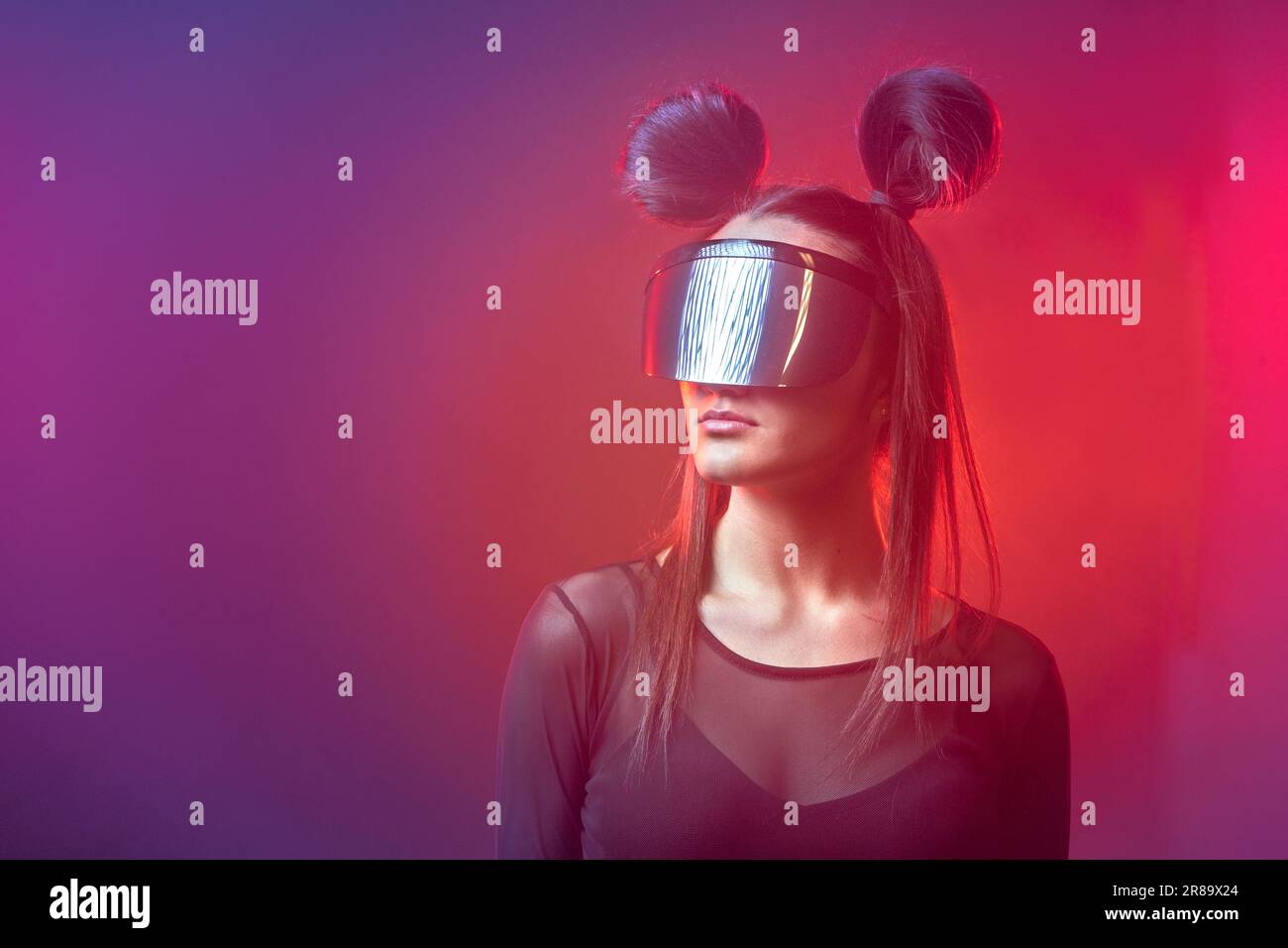 Portrait of beautiful cyber model woman posing wearing futuristic ...