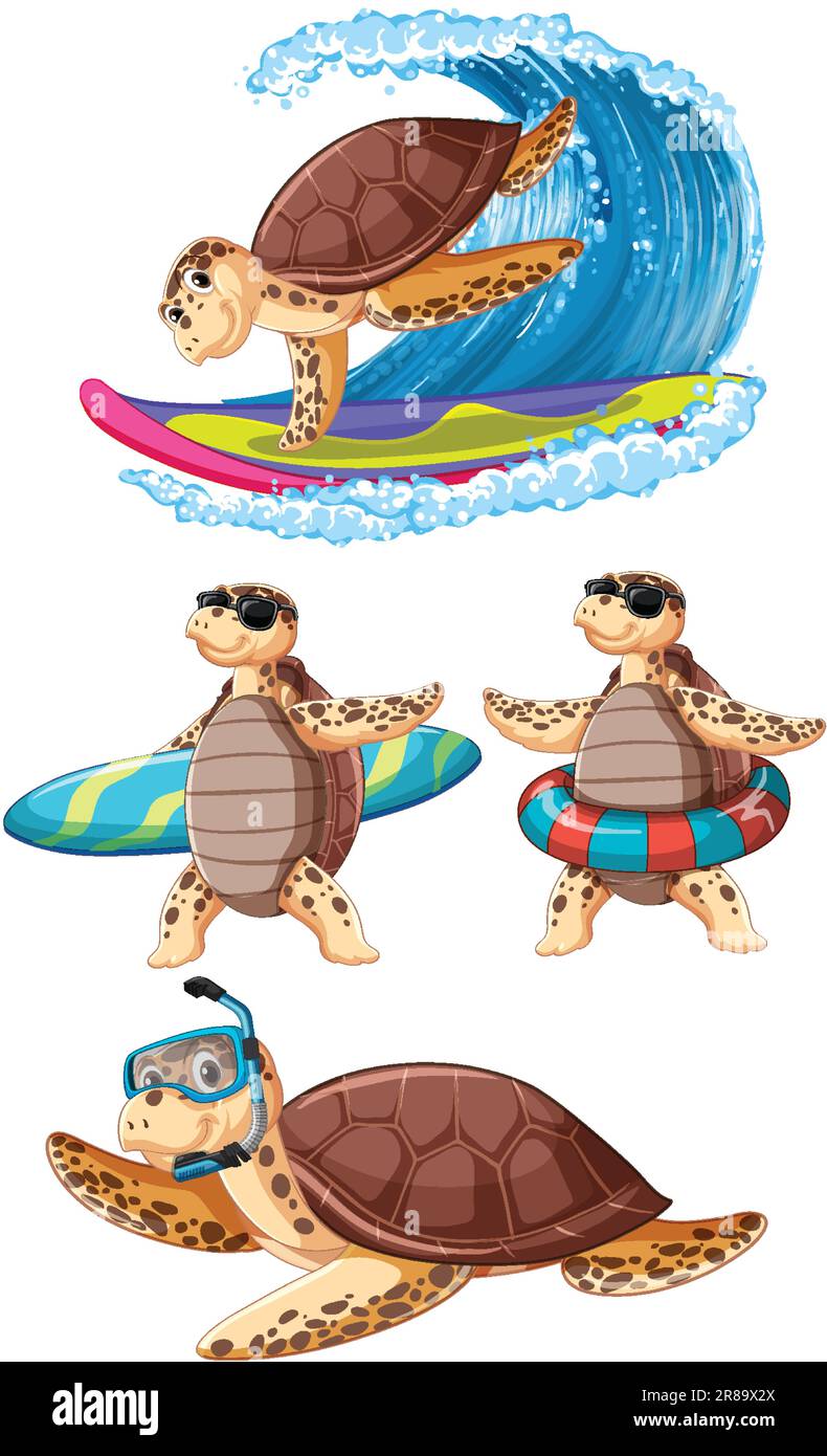 Sea Turtle Cartoon Characters in Summer Theme illustration Stock Vector ...