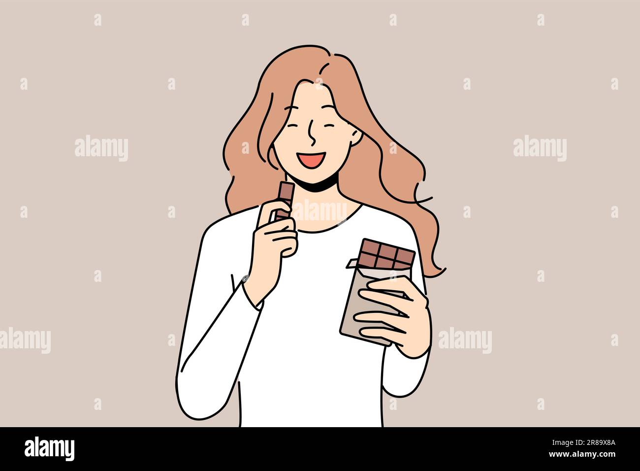 Smiling girl eating chocolate. Happy woman enjoy sweet dessert, milk or ...