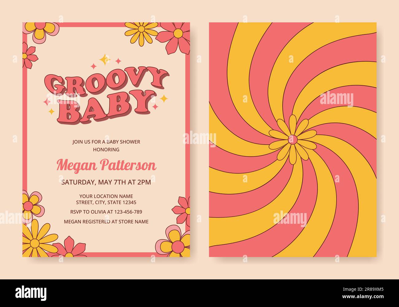 Groovy baby shower invitation template in retro 1970s style. Cute ...