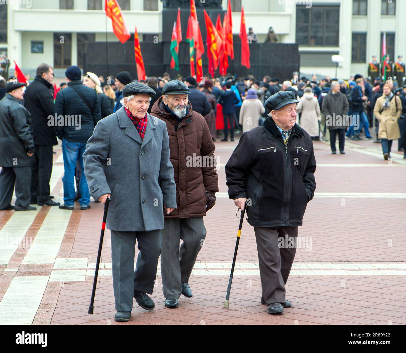 Minsk, Belarus - November 7, 2017: Older men return from celebrating ...