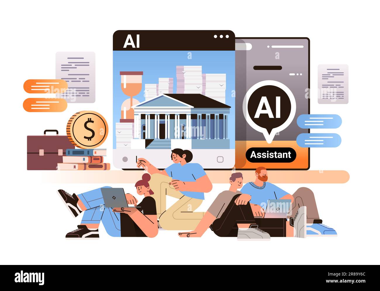 students learning online in computer app with ai helper bot education ...