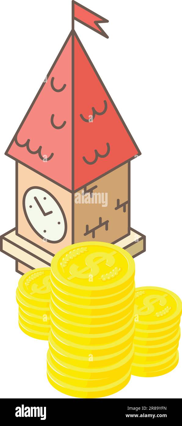 Construction cost icon isometric vector. Clock tower and stack of ...