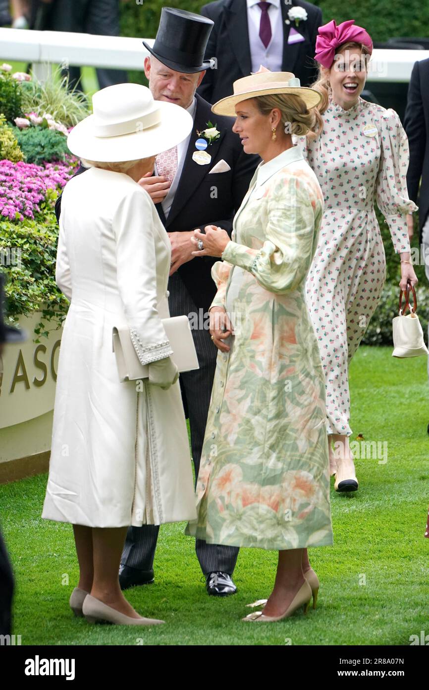 Zara Tindall Right And Mike Tindall Speaks With Queen Camilla During Day One Of Royal Ascot At