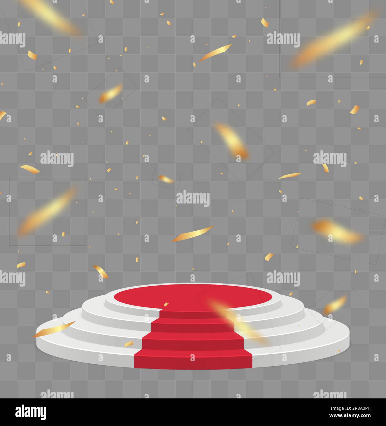 Empty white stage with red carpet and with gold confetti. Winner vector ...