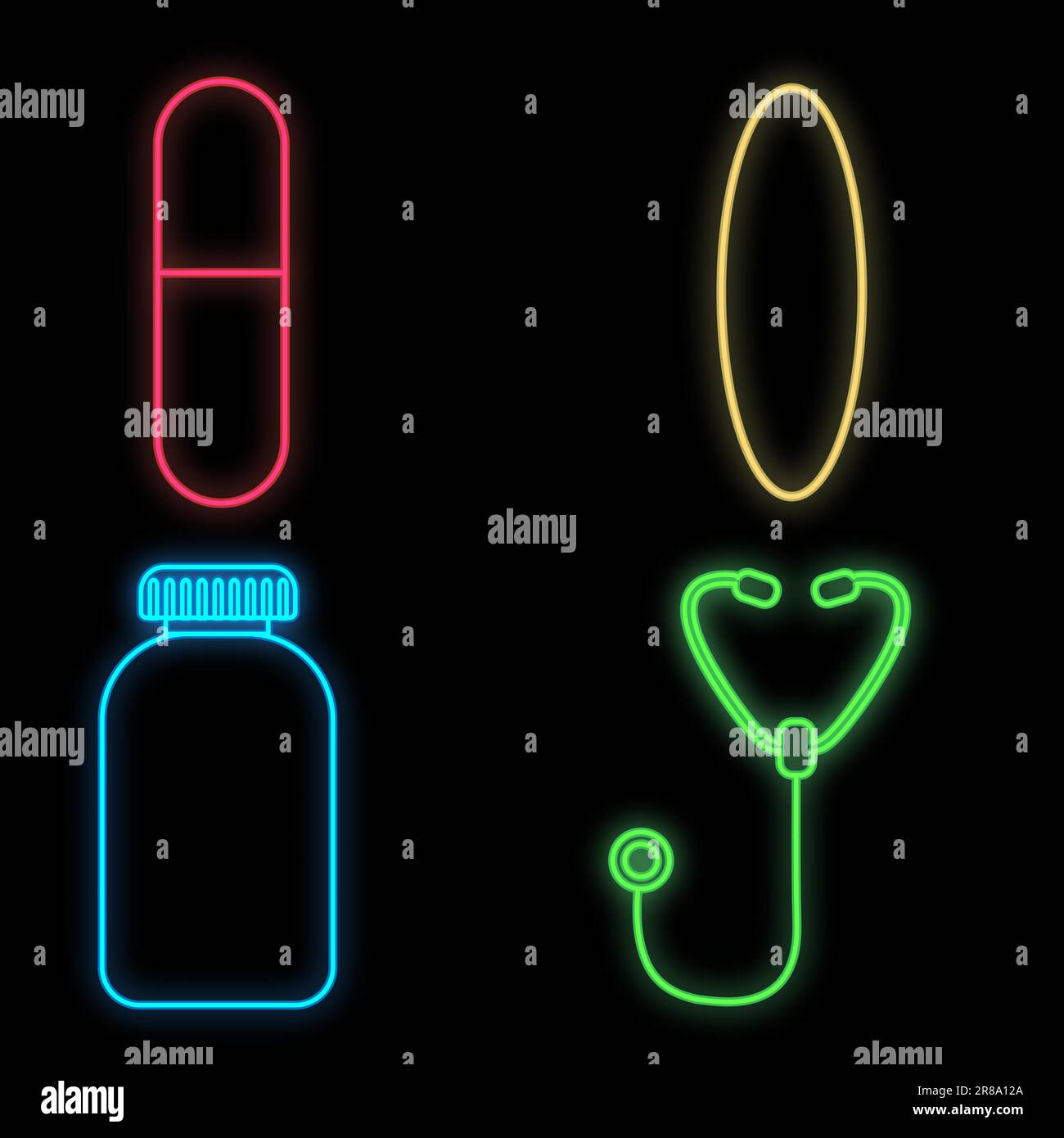 Set of bright luminous multi-colored medical neon signs for a pharmacy ...