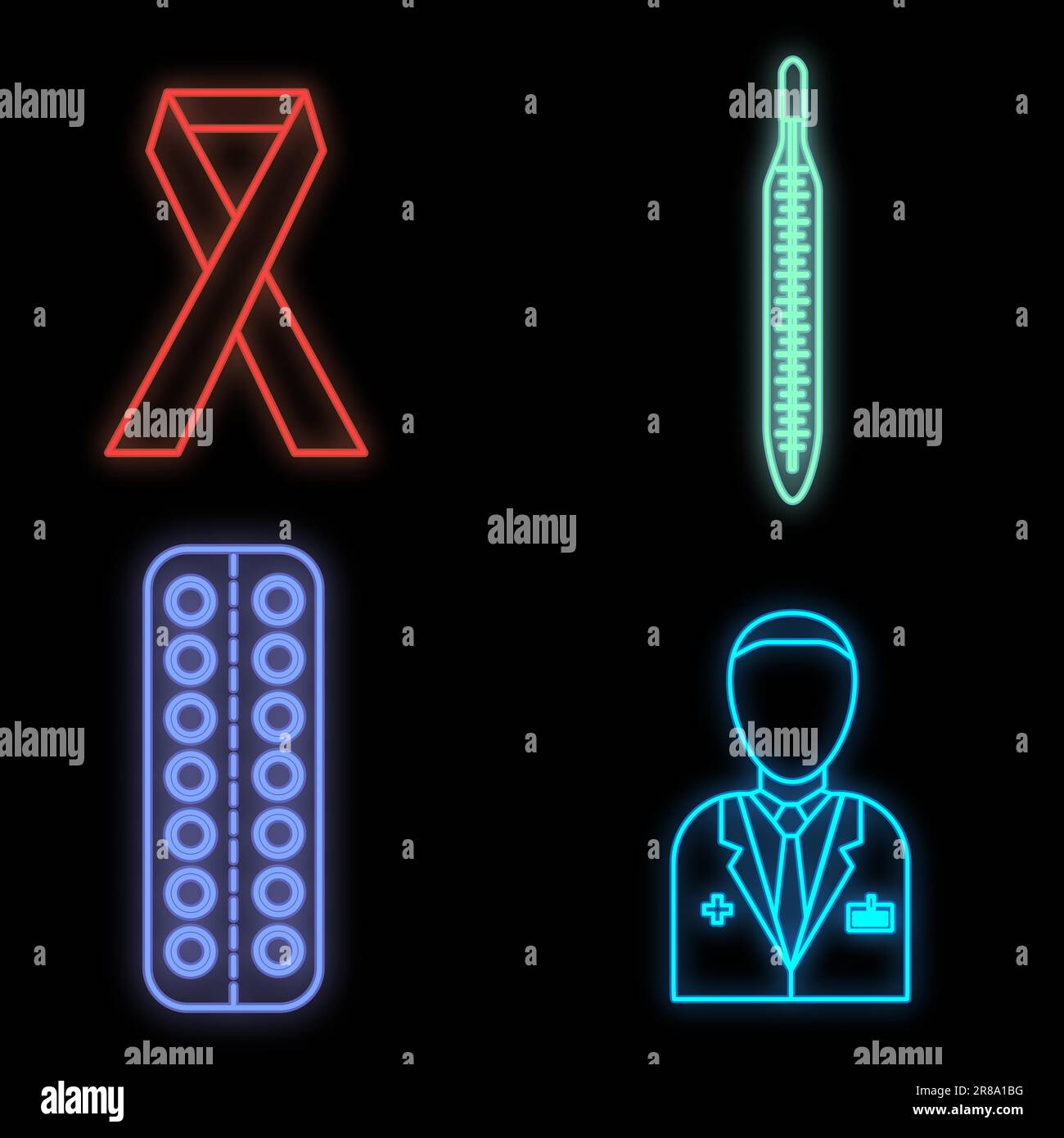 Set of bright glowing multicolored medical neon signs for a pharmacy or ...