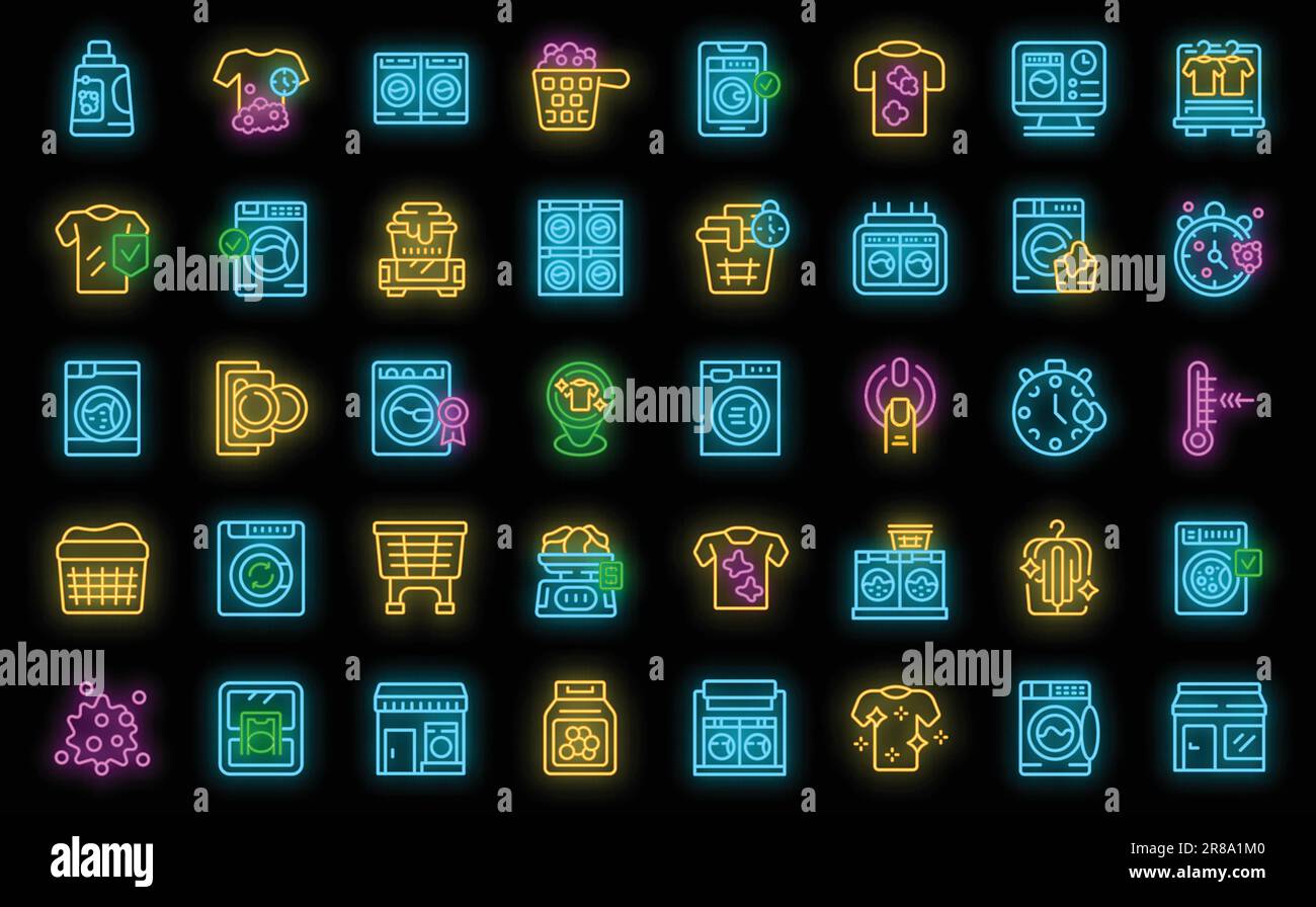 Laundromat icons set outline vector. Room service. Home washer neon ...