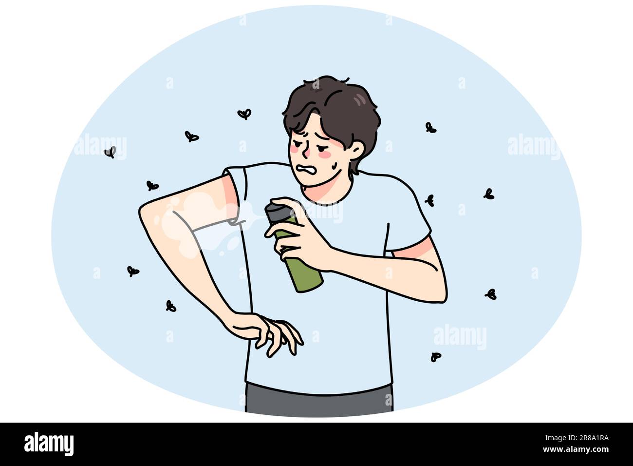 Anxious young man apply anti-mosquito spray on body struggle from bites ...