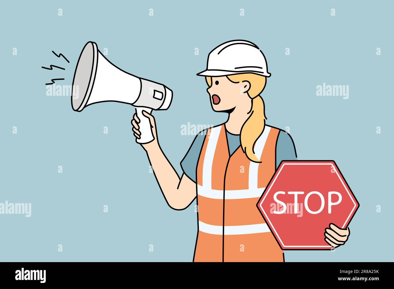Female architect in helmet hold megaphone and stop sign regulate ...