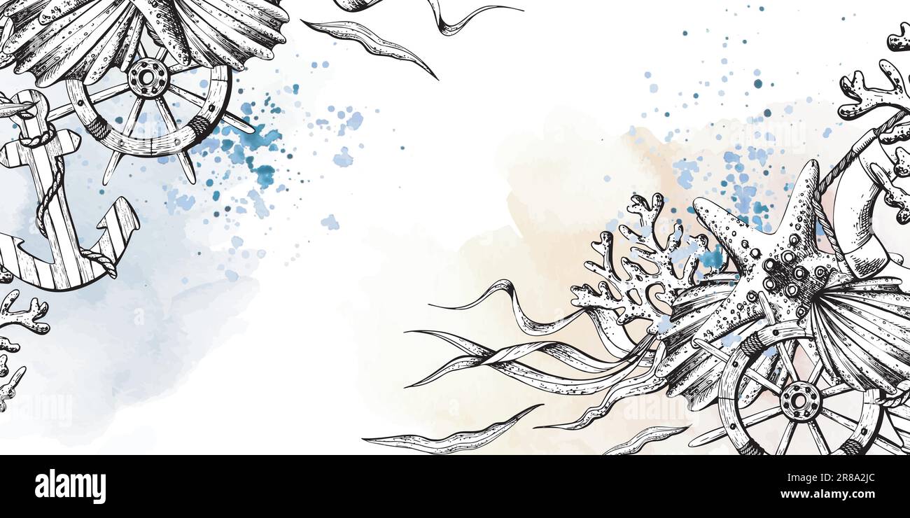 Marine animals with anchor, rudder and lifebuoy. Illustration of hand ...