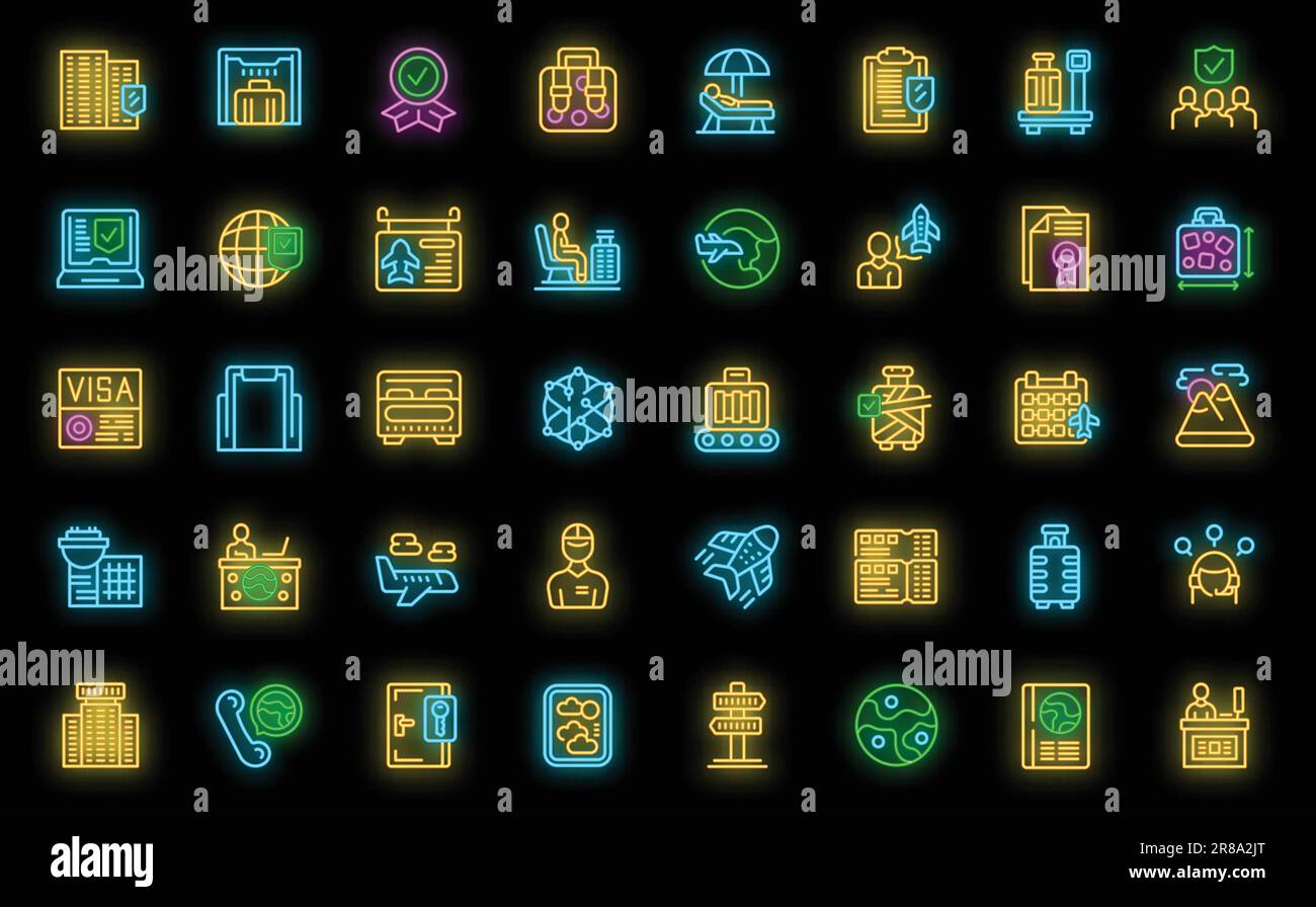 Travel agent icons set outline vector. Abroad journey. Go tourism neon ...