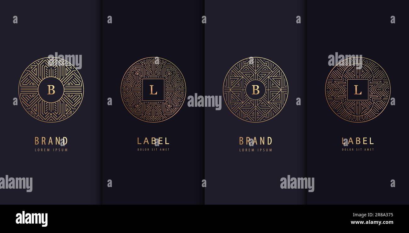 Vector set of golden label design patterns. Circle art deco logos ...