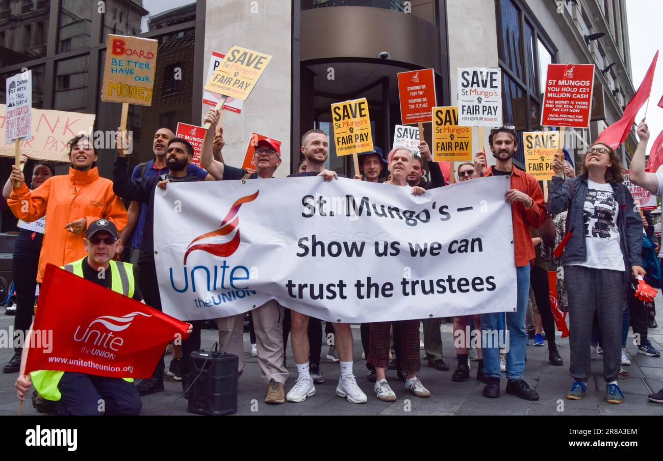 London, UK. 20th June 2023. Members of homelessness charity St Mungo's ...