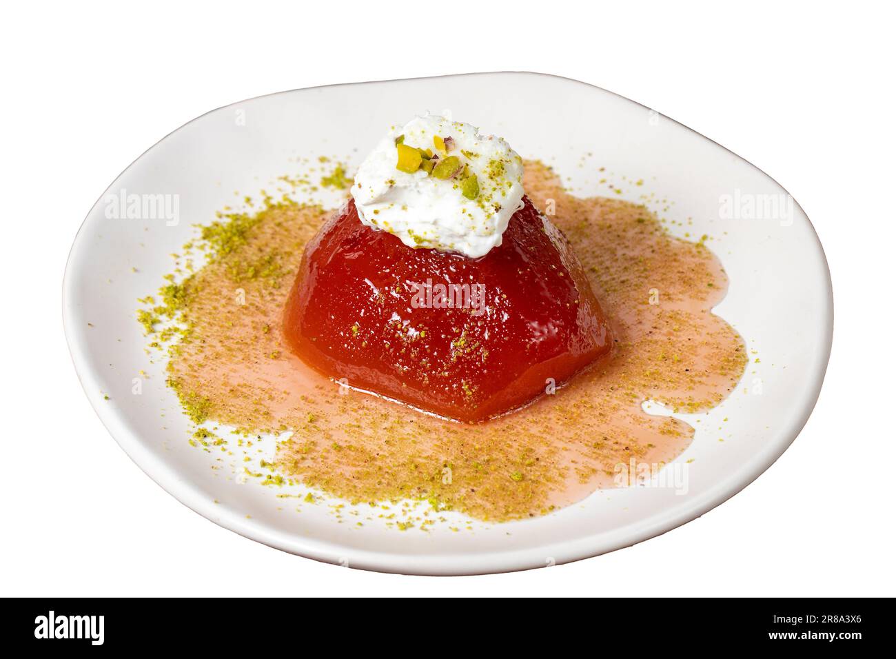 Quince dessert with sorbet isolated on white background. Creamy quince ...
